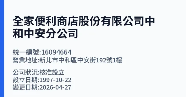 全家便利商店股份有限公司中和中安分公司的照片-統編 16094664(新北市) 公司登記資料與營業項目詳細圖表