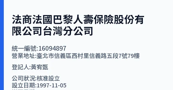 法商法國巴黎人壽保險股份有限公司台灣分公司的照片-統編 16094897(臺北市) 公司登記資料與營業項目詳細圖表