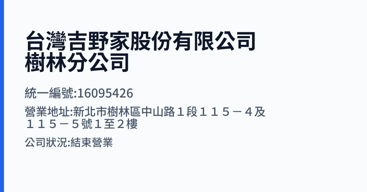 台灣吉野家股份有限公司樹林分公司 - 統編 16095426(新北市) 公司登記資料與營業項目詳細圖表