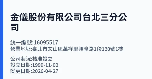 金儀股份有限公司台北三分公司的照片-統編 16095517(臺北市) 公司登記資料與營業項目詳細圖表