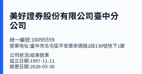 美好證券股份有限公司臺中分公司的照片-統編 16095559(臺中市) 公司登記資料與營業項目詳細圖表