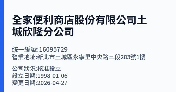 全家便利商店股份有限公司土城欣隆分公司的照片-統編 16095729(新北市) 公司登記資料與營業項目詳細圖表