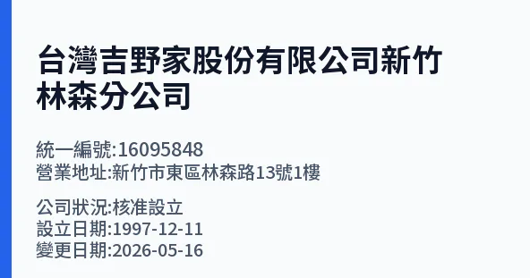 台灣吉野家股份有限公司新竹林森分公司的照片-統編 16095848(新竹市) 公司登記資料與營業項目詳細圖表