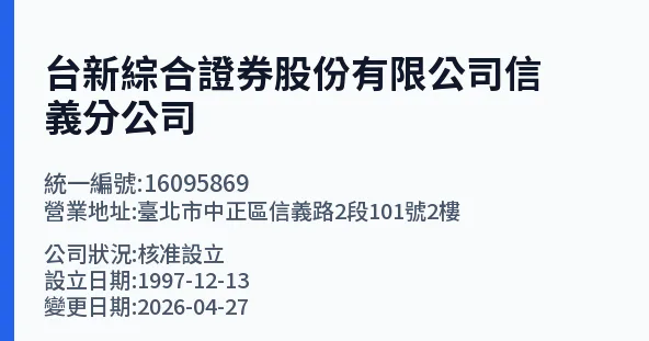 台新綜合證券股份有限公司信義分公司的照片-統編 16095869(臺北市) 公司登記資料與營業項目詳細圖表