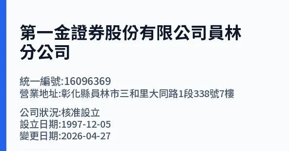 第一金證券股份有限公司員林分公司的照片-統編 16096369(彰化縣) 公司登記資料與營業項目詳細圖表