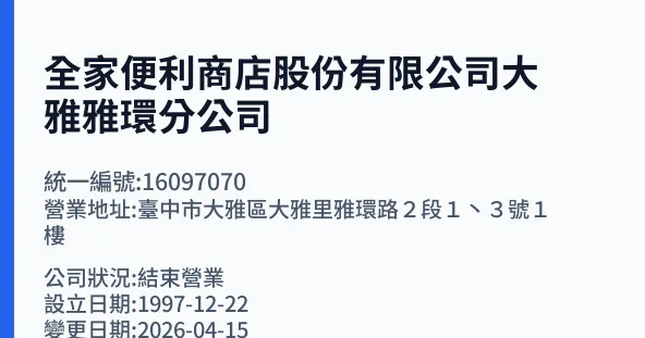 全家便利商店股份有限公司大雅雅環分公司的照片-統編 16097070(臺中市) 公司登記資料與營業項目詳細圖表