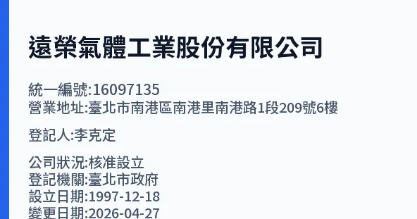 遠榮氣體工業股份有限公司的照片-統編 16097135(臺北市) 公司登記資料與營業項目詳細圖表