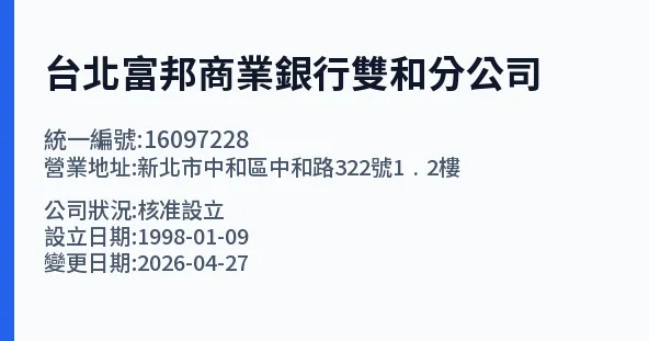 台北富邦商業銀行雙和分公司的照片-統編 16097228(新北市) 公司登記資料與營業項目詳細圖表