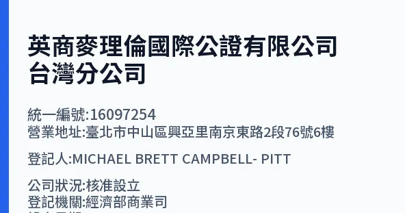 英商麥理倫國際公證有限公司台灣分公司的照片-統編 16097254(臺北市) 公司登記資料與營業項目詳細圖表