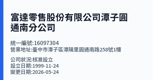 富達零售股份有限公司潭子圓通南分公司的照片-統編 16097304(臺中市) 公司登記資料與營業項目詳細圖表