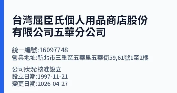 台灣屈臣氏個人用品商店股份有限公司五華分公司的照片-統編 16097748(新北市) 公司登記資料與營業項目詳細圖表