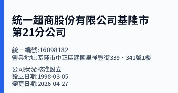 統一超商股份有限公司基隆市第21分公司的照片-統編 16098182(基隆市) 公司登記資料與營業項目詳細圖表