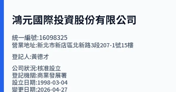 鴻元國際投資股份有限公司的照片-統編 16098325(新北市) 公司登記資料與營業項目詳細圖表