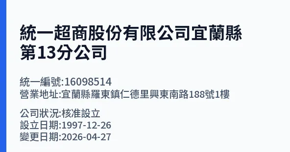 統一超商股份有限公司宜蘭縣第13分公司的照片-統編 16098514(宜蘭縣) 公司登記資料與營業項目詳細圖表