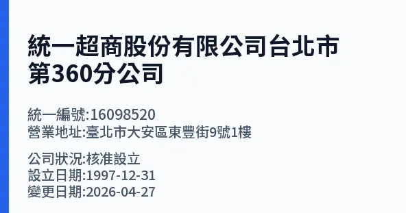 統一超商股份有限公司台北市第360分公司的照片-統編 16098520(臺北市) 公司登記資料與營業項目詳細圖表