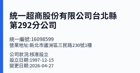 統一超商股份有限公司台北縣第292分公司的照片-統編 16098599(新北市) 公司登記資料與營業項目詳細圖表