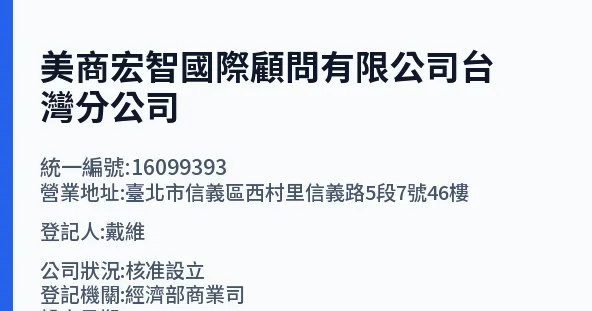 美商宏智國際顧問有限公司台灣分公司的照片-統編 16099393(臺北市) 公司登記資料與營業項目詳細圖表