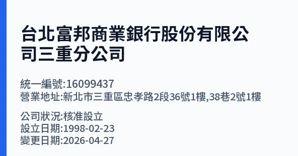 台北富邦商業銀行股份有限公司三重分公司的照片-統編 16099437(新北市) 公司登記資料與營業項目詳細圖表