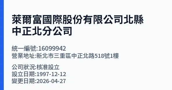 萊爾富國際股份有限公司北縣中正北分公司的照片-統編 16099942(新北市) 公司登記資料與營業項目詳細圖表