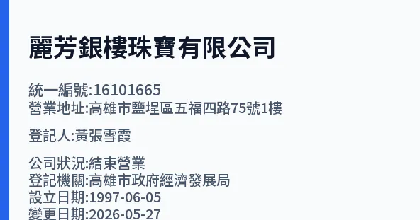 麗芳銀樓珠寶有限公司的照片-統編 16101665(高雄市) 公司登記資料與營業項目詳細圖表
