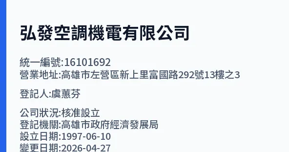 弘發空調機電有限公司的照片-統編 16101692(高雄市) 公司登記資料與營業項目詳細圖表