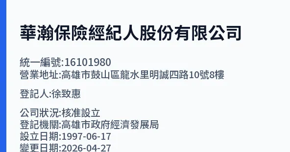 華瀚保險經紀人股份有限公司的照片-統編 16101980(高雄市) 公司登記資料與營業項目詳細圖表