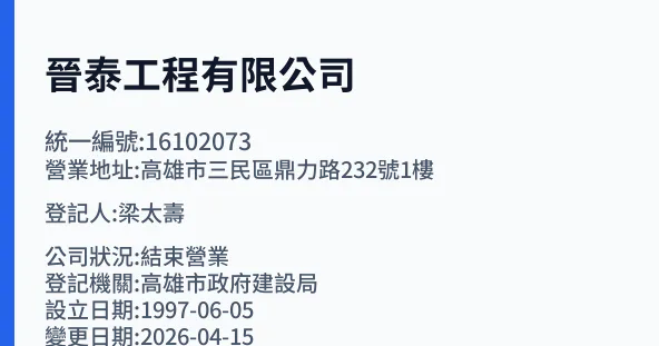 晉泰工程有限公司的照片-統編 16102073(高雄市) 公司登記資料與營業項目詳細圖表