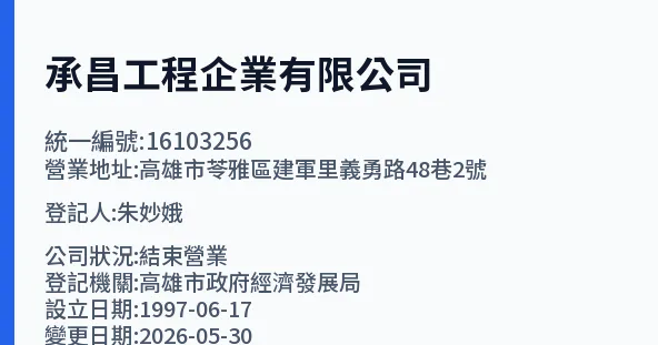 承昌工程企業有限公司的照片-統編 16103256(高雄市) 公司登記資料與營業項目詳細圖表