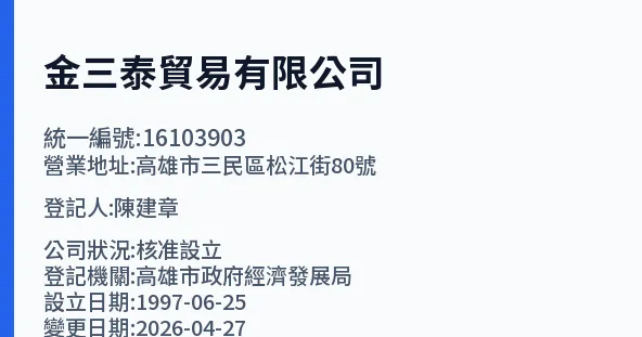金三泰貿易有限公司的照片-統編 16103903(高雄市) 公司登記資料與營業項目詳細圖表