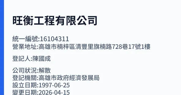 旺衡工程有限公司的照片-統編 16104311(高雄市) 公司登記資料與營業項目詳細圖表