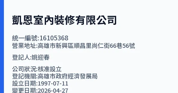 凱恩室內裝修有限公司的照片-統編 16105368(高雄市) 公司登記資料與營業項目詳細圖表