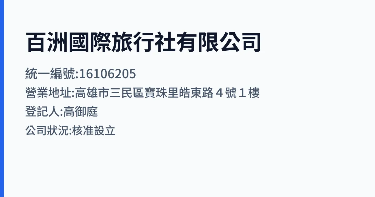 百洲國際旅行社有限公司 - 統編 16106205(高雄市) 公司登記資料與營業項目詳細圖表