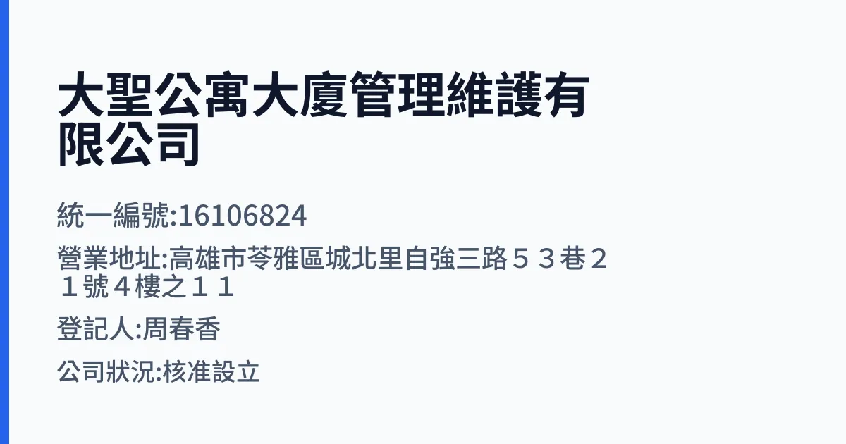 大聖公寓大廈管理維護有限公司 - 統編 16106824(高雄市) 公司登記資料與營業項目詳細圖表