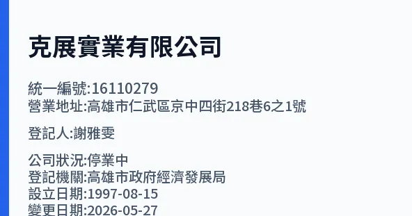 克展實業有限公司的照片-統編 16110279(高雄市) 公司登記資料與營業項目詳細圖表