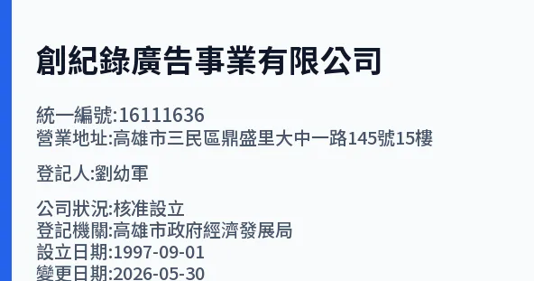 創紀錄廣告事業有限公司的照片-統編 16111636(高雄市) 公司登記資料與營業項目詳細圖表
