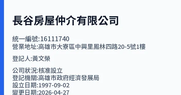 長谷房屋仲介有限公司的照片-統編 16111740(高雄市) 公司登記資料與營業項目詳細圖表