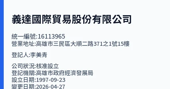 義達國際貿易股份有限公司的照片-統編 16113965(高雄市) 公司登記資料與營業項目詳細圖表