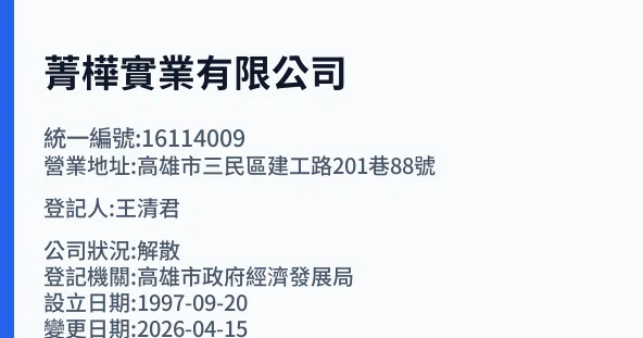 菁樺實業有限公司的照片-統編 16114009(高雄市) 公司登記資料與營業項目詳細圖表