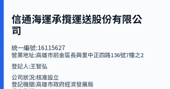 信通海運承攬運送股份有限公司的照片-統編 16115627(高雄市) 公司登記資料與營業項目詳細圖表