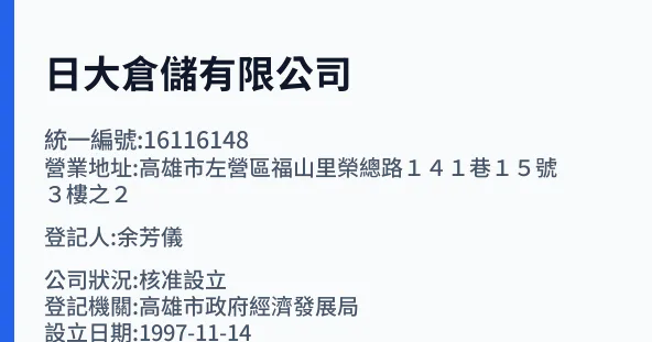 日大倉儲有限公司的照片-統編 16116148(高雄市) 公司登記資料與營業項目詳細圖表