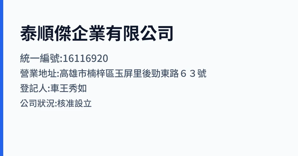 泰順傑企業有限公司 - 統編 16116920(高雄市) 公司登記資料與營業項目詳細圖表
