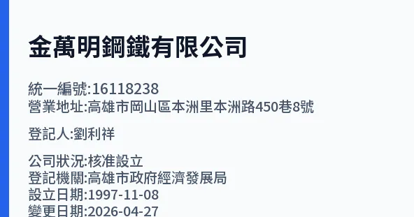 金萬明鋼鐵有限公司的照片-統編 16118238(高雄市) 公司登記資料與營業項目詳細圖表