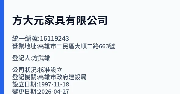 方大元家具有限公司的照片-統編 16119243(高雄市) 公司登記資料與營業項目詳細圖表