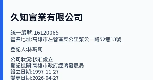 久知實業有限公司的照片-統編 16120065(高雄市) 公司登記資料與營業項目詳細圖表