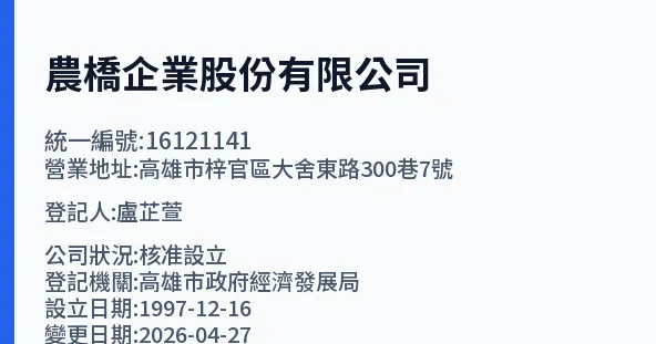農橋企業股份有限公司的照片-統編 16121141(高雄市) 公司登記資料與營業項目詳細圖表