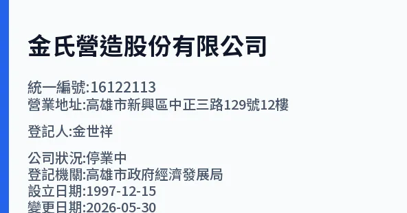 金氏營造股份有限公司的照片-統編 16122113(高雄市) 公司登記資料與營業項目詳細圖表