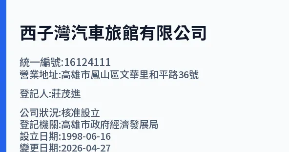 西子灣汽車旅館有限公司的照片-統編 16124111(高雄市) 公司登記資料與營業項目詳細圖表