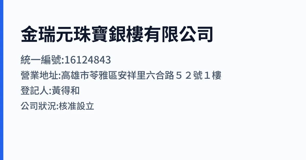 金瑞元珠寶銀樓有限公司 - 統編 16124843(高雄市) 公司登記資料與營業項目詳細圖表
