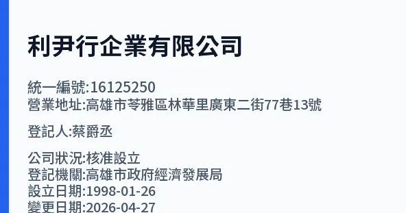 利尹行企業有限公司的照片-統編 16125250(高雄市) 公司登記資料與營業項目詳細圖表