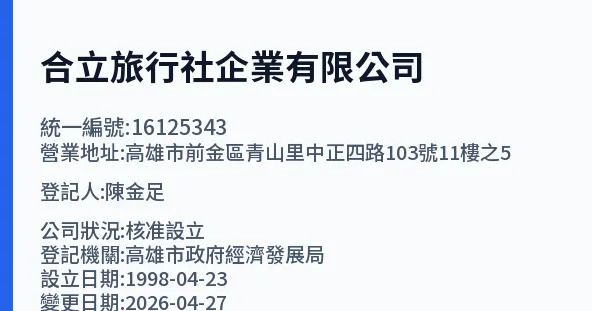 合立旅行社企業有限公司的照片-統編 16125343(高雄市) 公司登記資料與營業項目詳細圖表